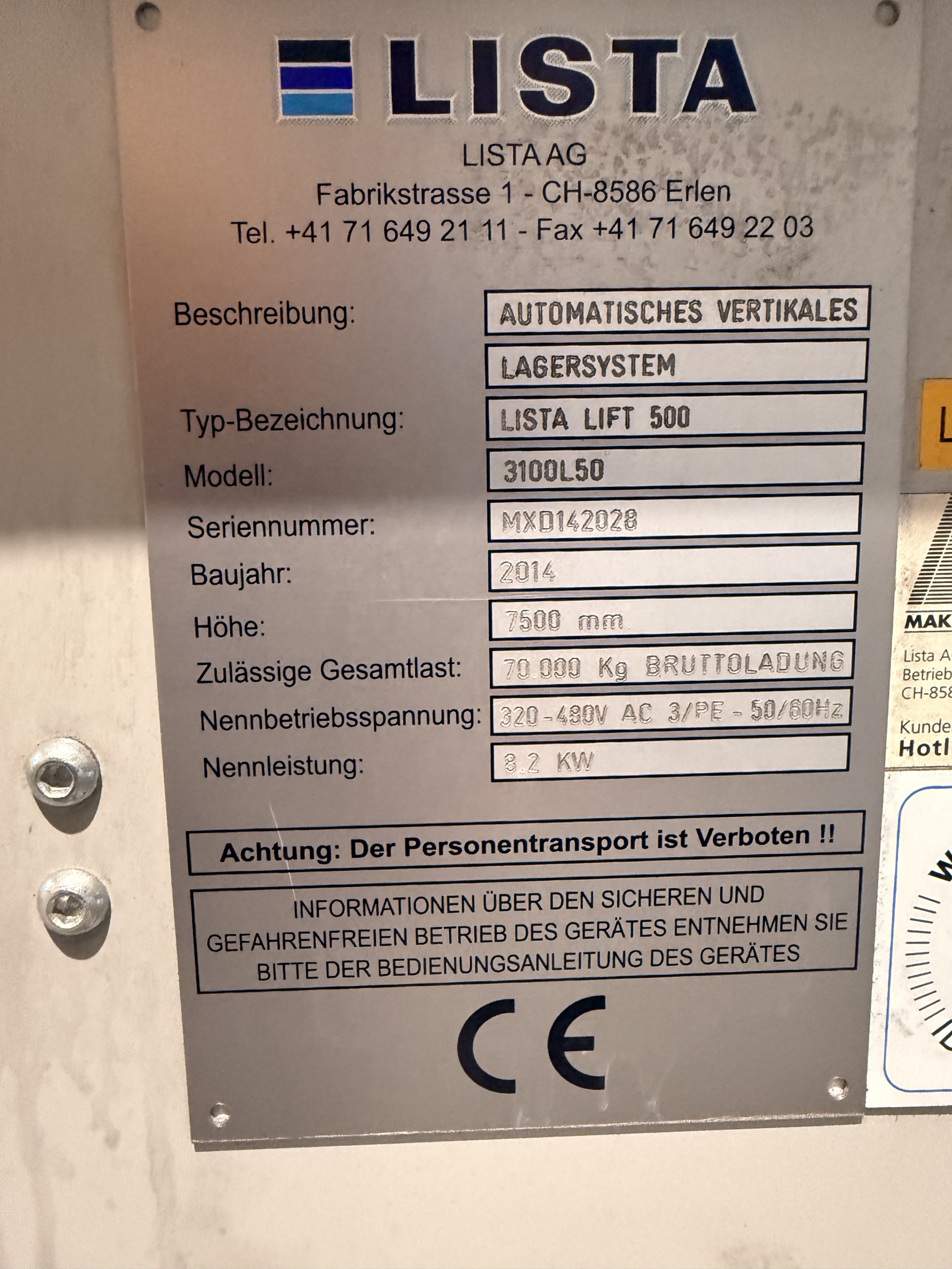 Lista 500kg Lift Typ 3100L50 Pos.276 Lagerlift – Lagersysteme Paternoster